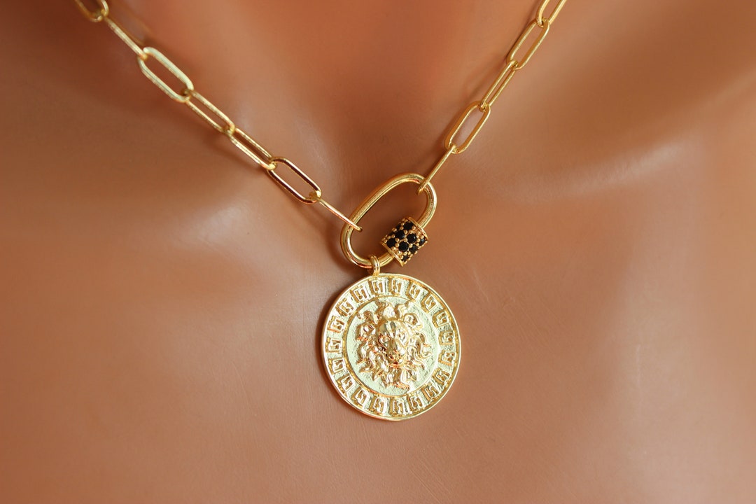 Gold Lion Pendant Necklace Paper Clip Chain Choker Women Thick Chunky ...