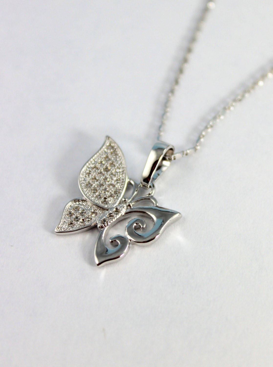Silver Butterfly Pendant Necklace White Gold Filled Women Girls Crystal ...