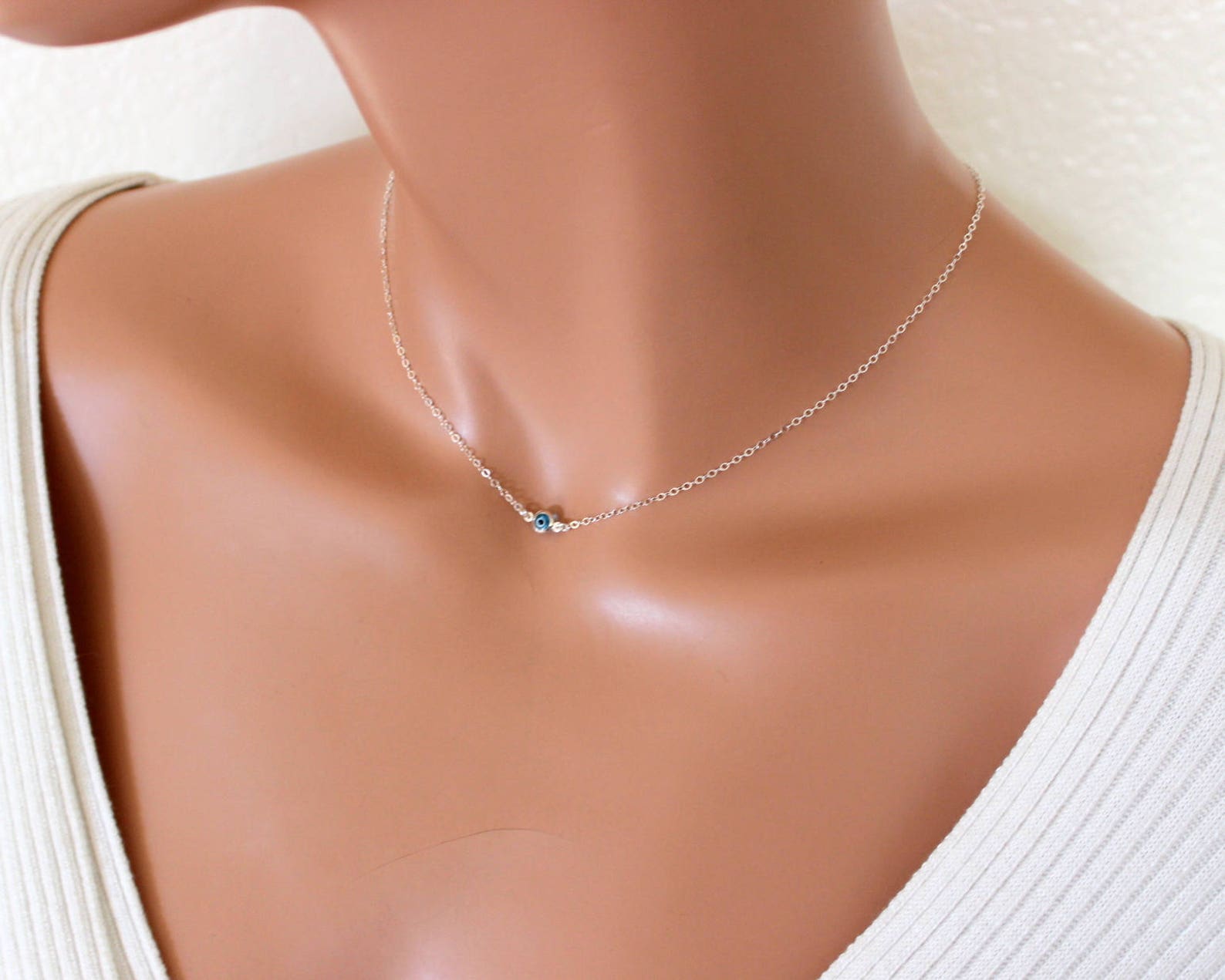 Tiny Evil Eye Necklace Gold Filled Sterling Silver Small Blue Eyes ...