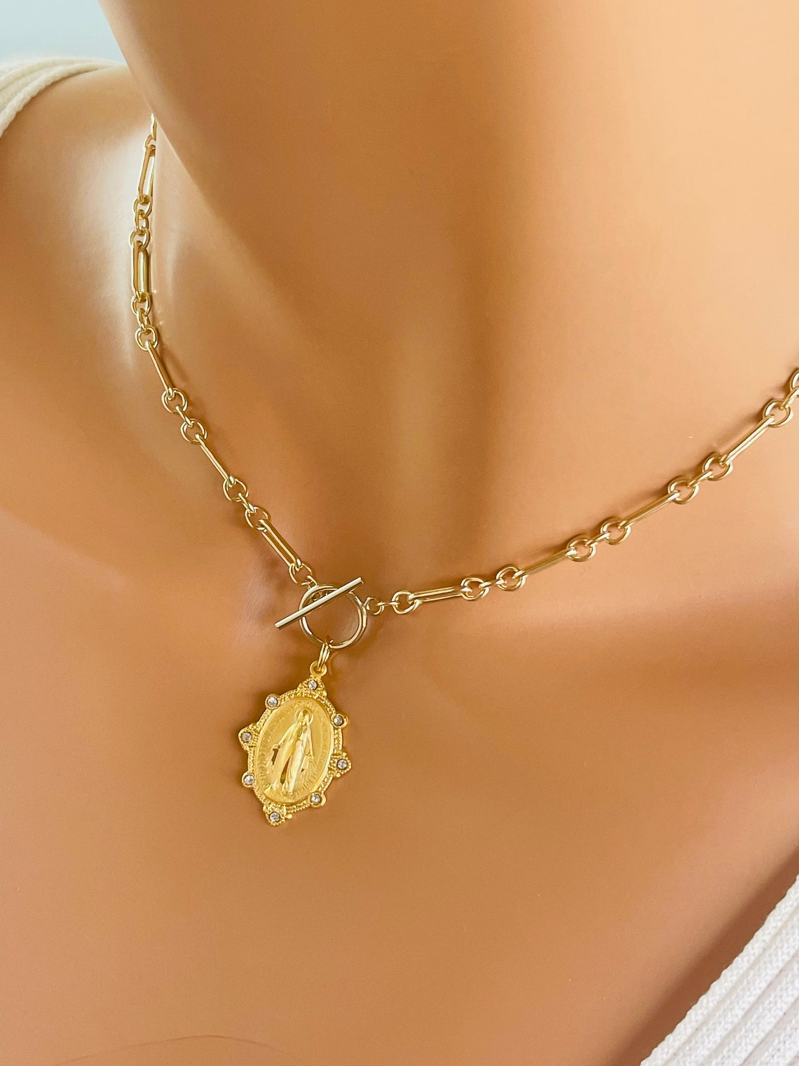 Gold Mary Miraculous Charm Necklace Sterling Silver Choker Necklace ...