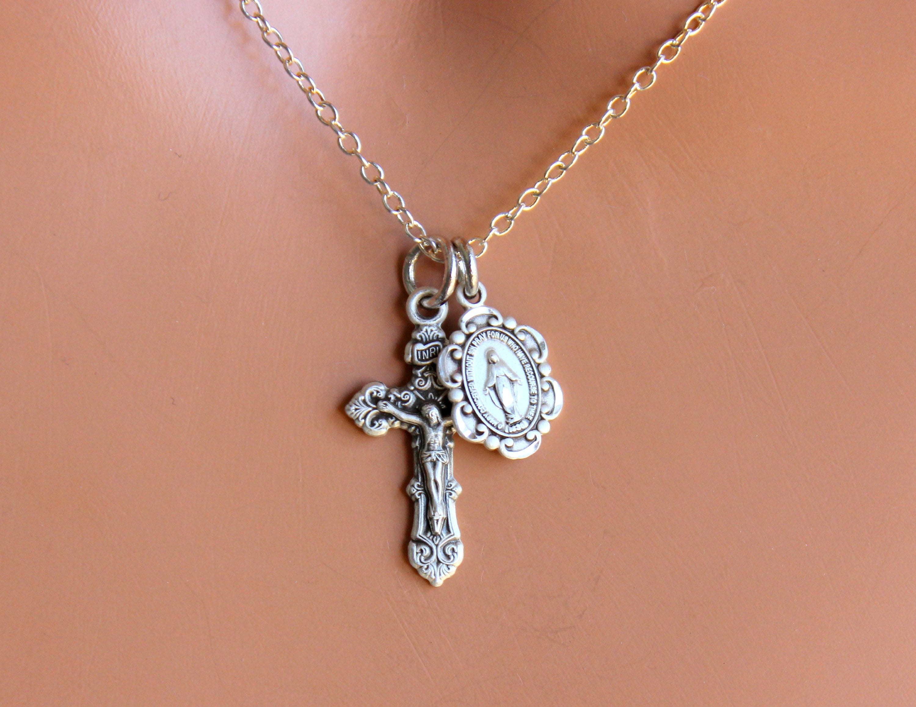 BEST SELLER Crucifix Necklace Women Sterling Silver Gold Double Charm ...