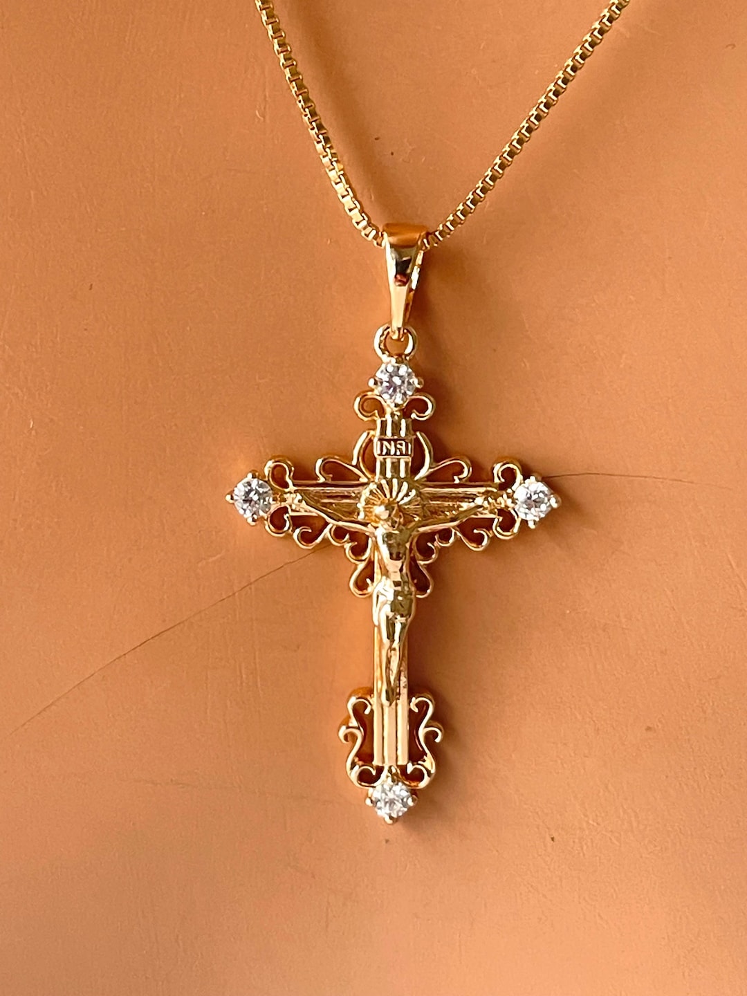 18k Gold Filled Crucifix Necklace for Women Jesus Cross Charm Necklaces Cz Catholic Jewelry Gift ...