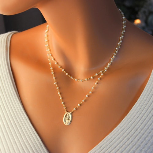 Gold Miraculous Medal Necklace Women Pearl Necklaces Catholic Etsy