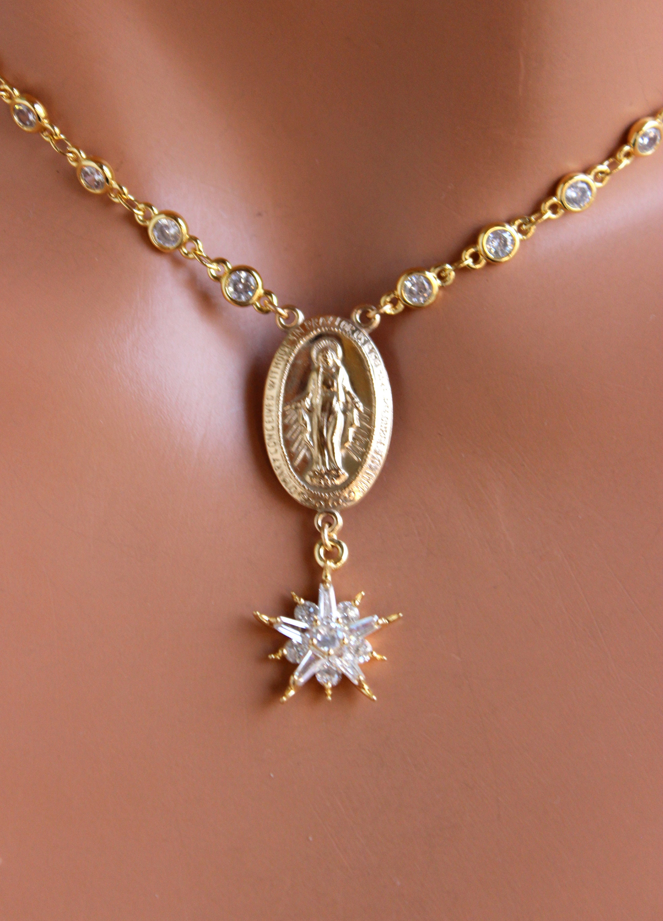 Gold Miraculous Medal Choker Necklace Virgin Mary Charm Gold Choker ...