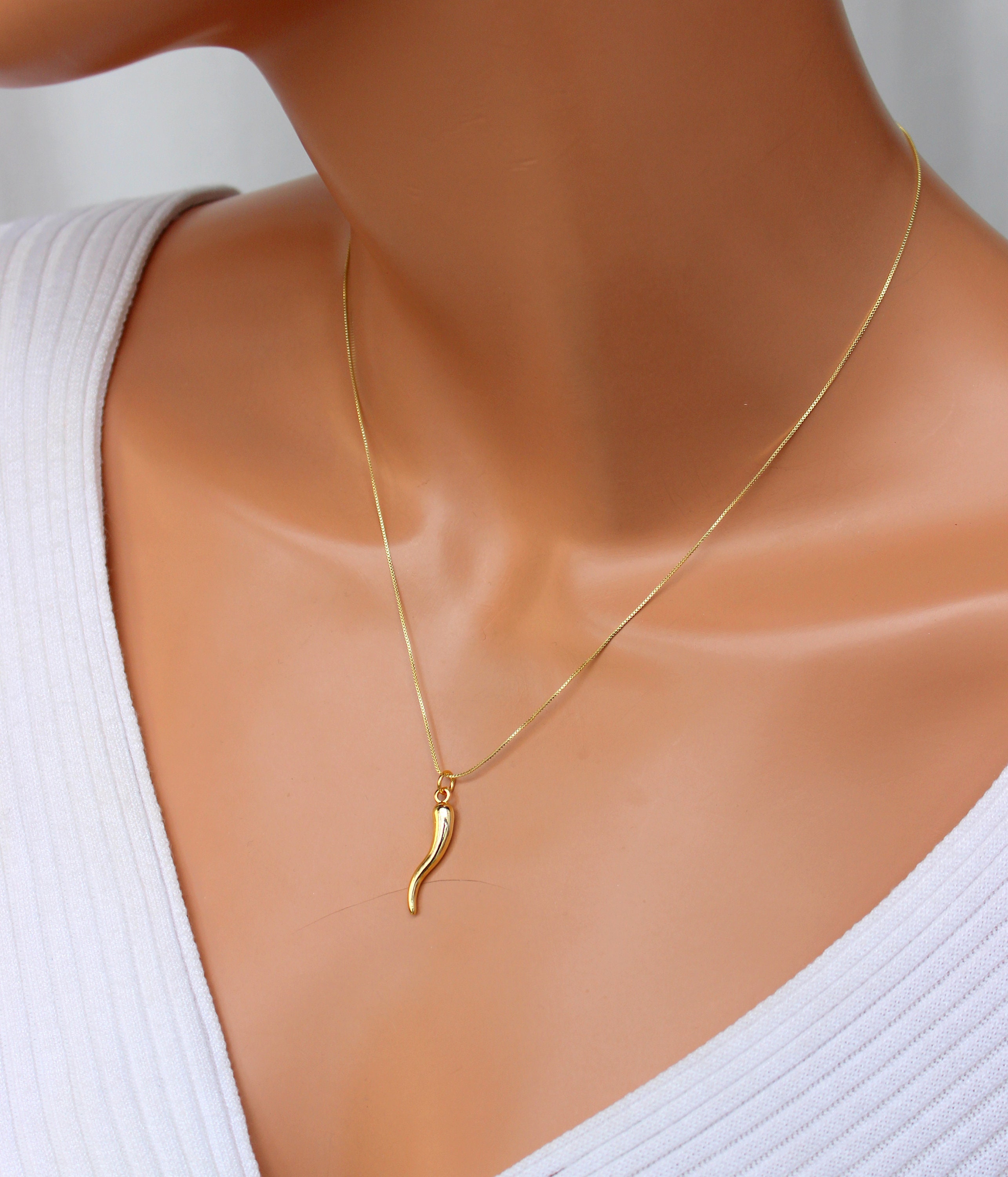 Italian Horn Pendant Necklace 18K Gold Filled Box Chain Women Cornetto Cornicello Charm Jewelry Protection Necklaces
