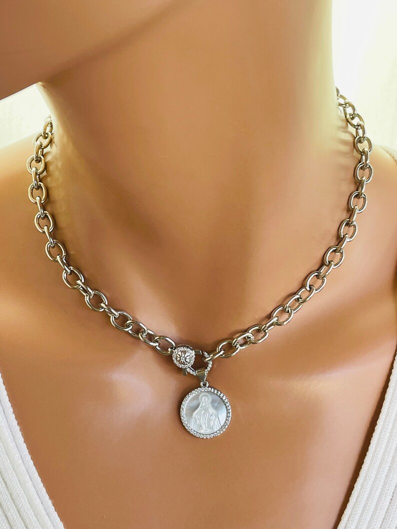 Gold Miraculous Pendant Choker Virgin Mary Mother of Pearl Charm ...