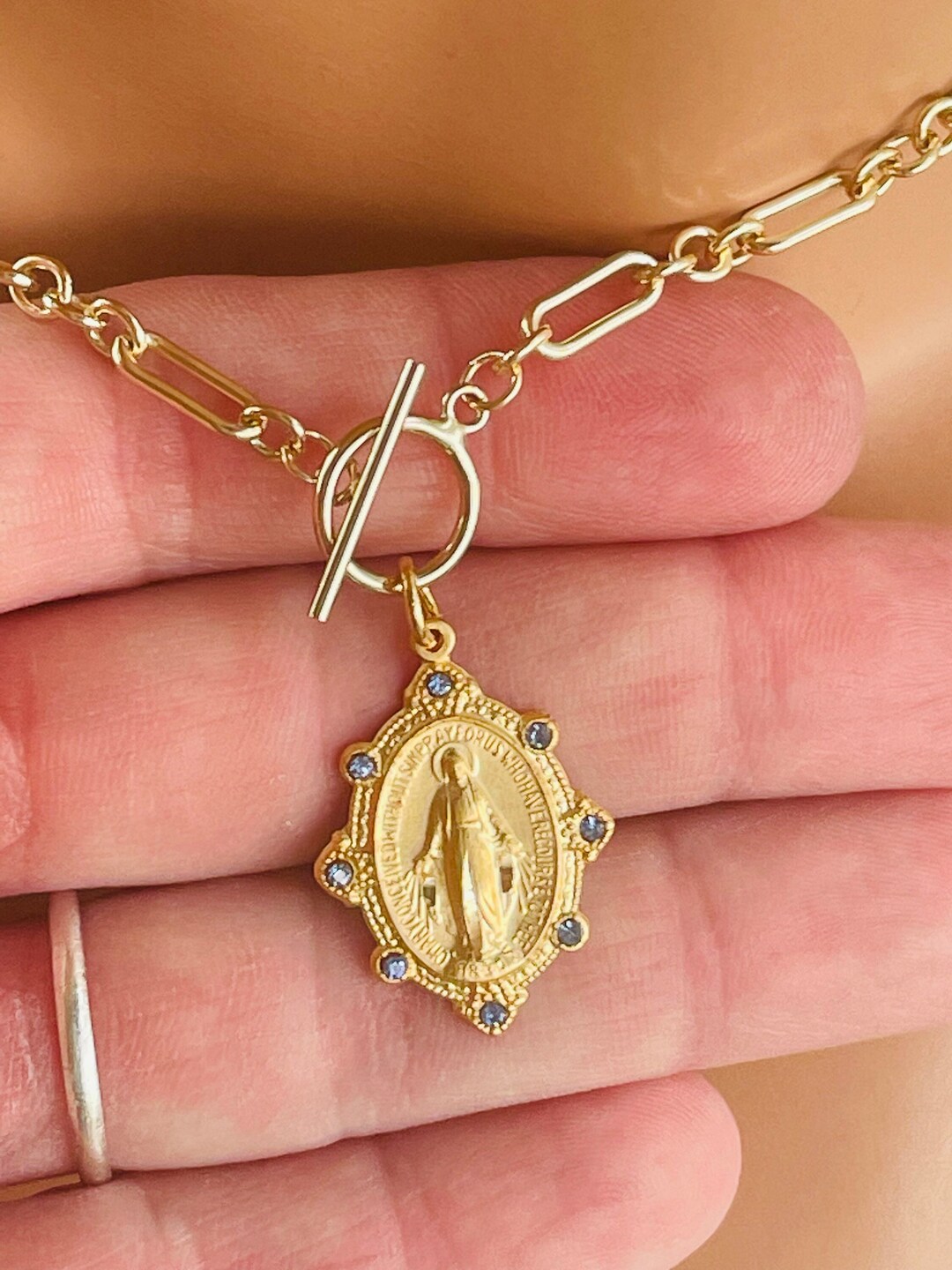 Gold Mary Miraculous Pendant Necklace 925 Sterling Silver Choker ...