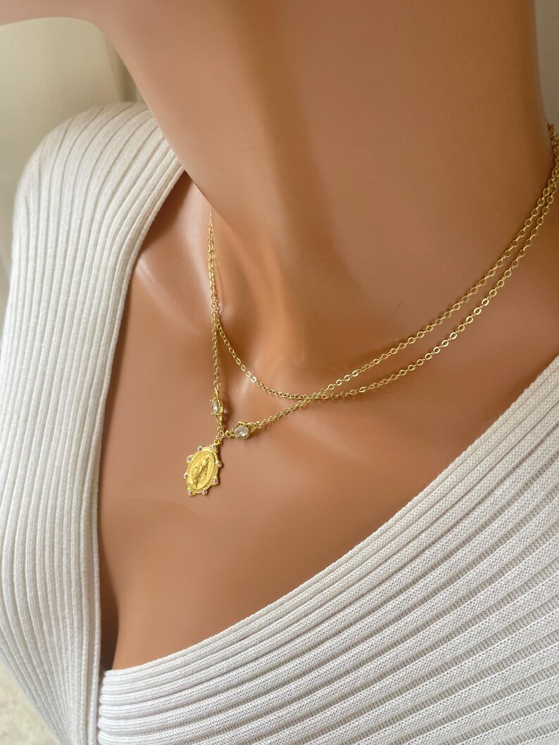 Elegant Double Strand Gold Miraculous Mary Pendant Necklace for Women ...