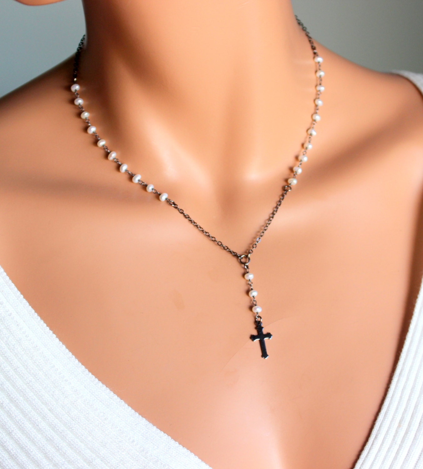 Black Rosary Necklace Freshwater Pearls Cross Pendant Womens Etsy