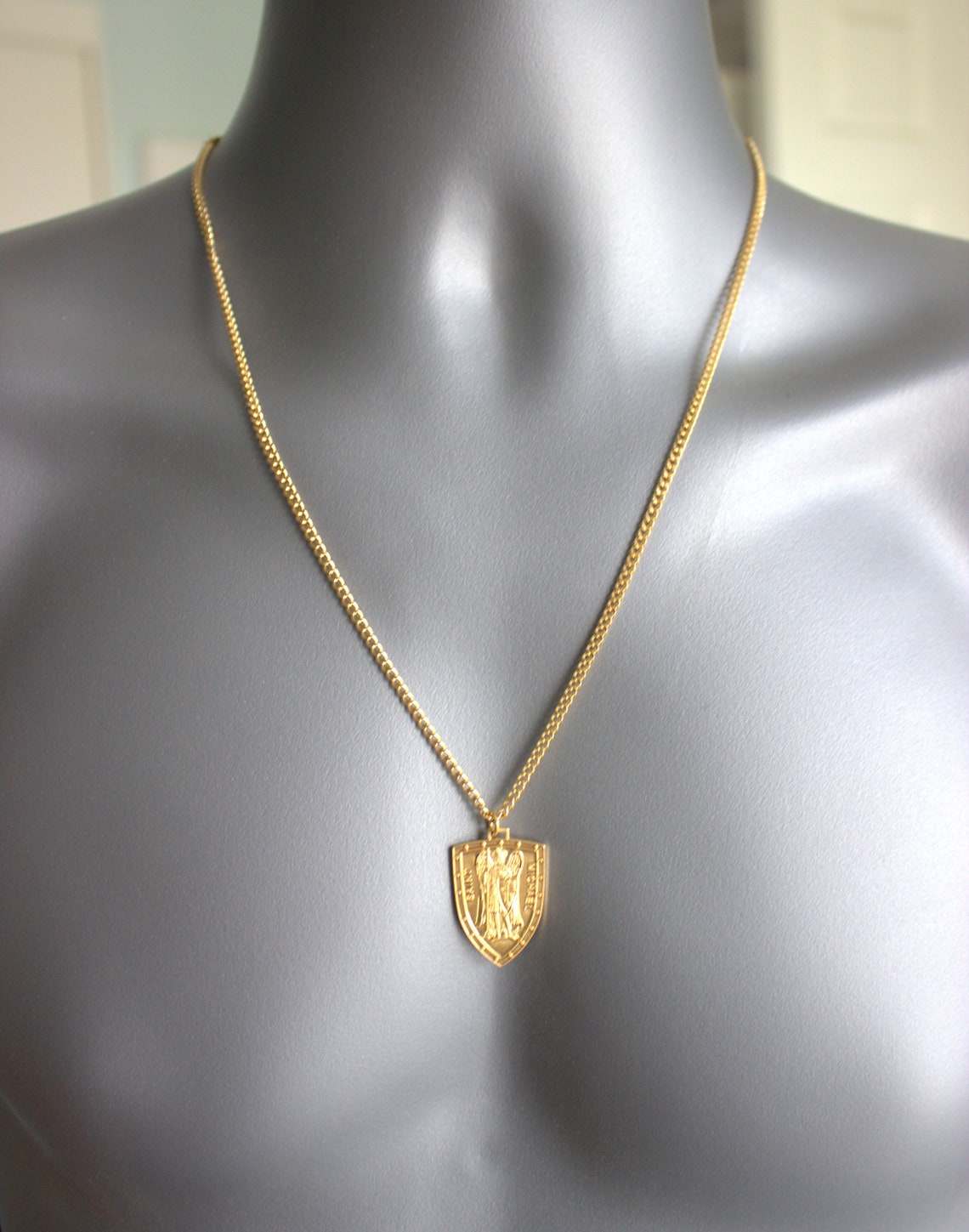 Gold Saint Michael Shield Pendant Necklace Men 925 Sterling | Etsy