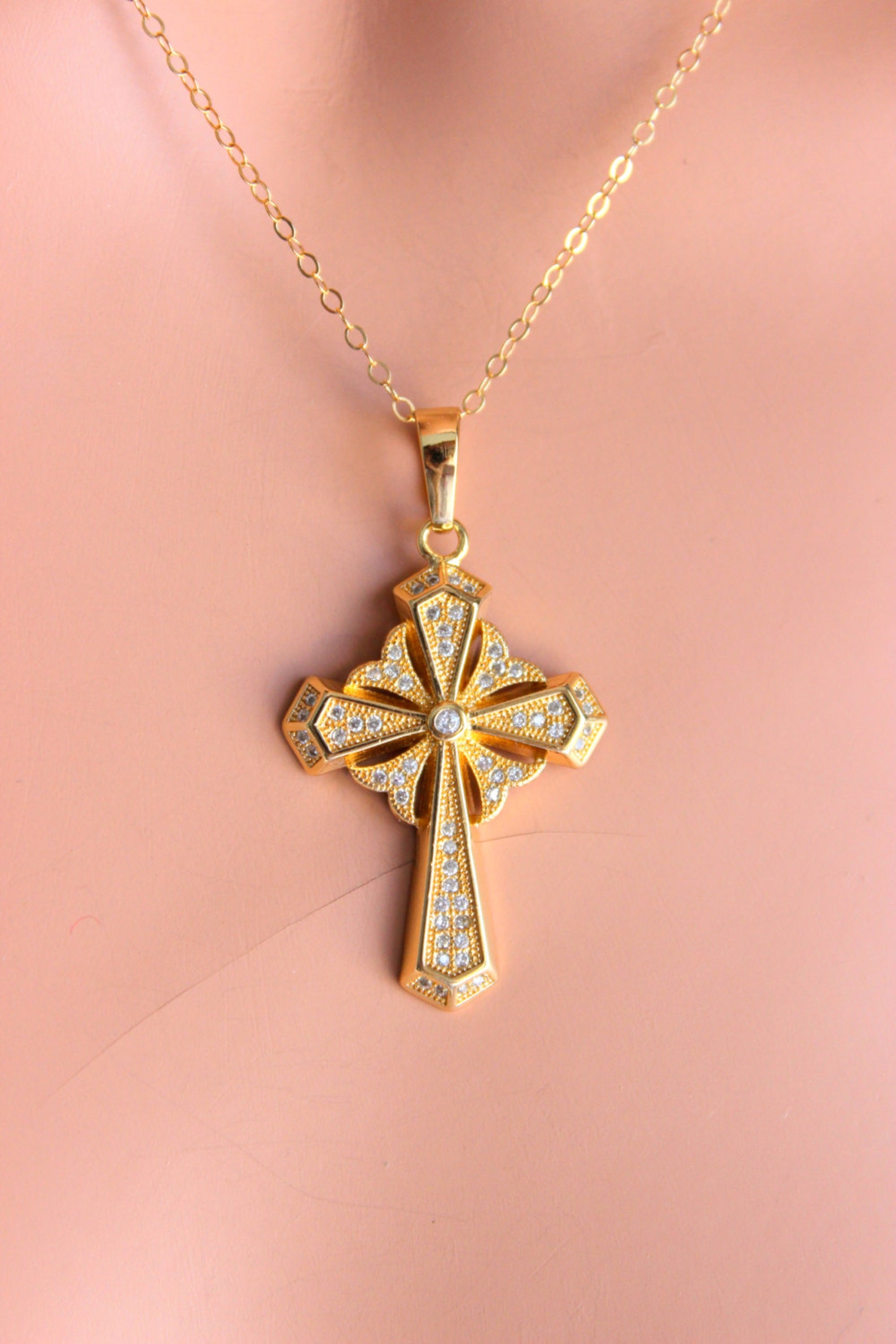 Gold Cross Pendant Necklace Women Girls Crystal Cross Etsy