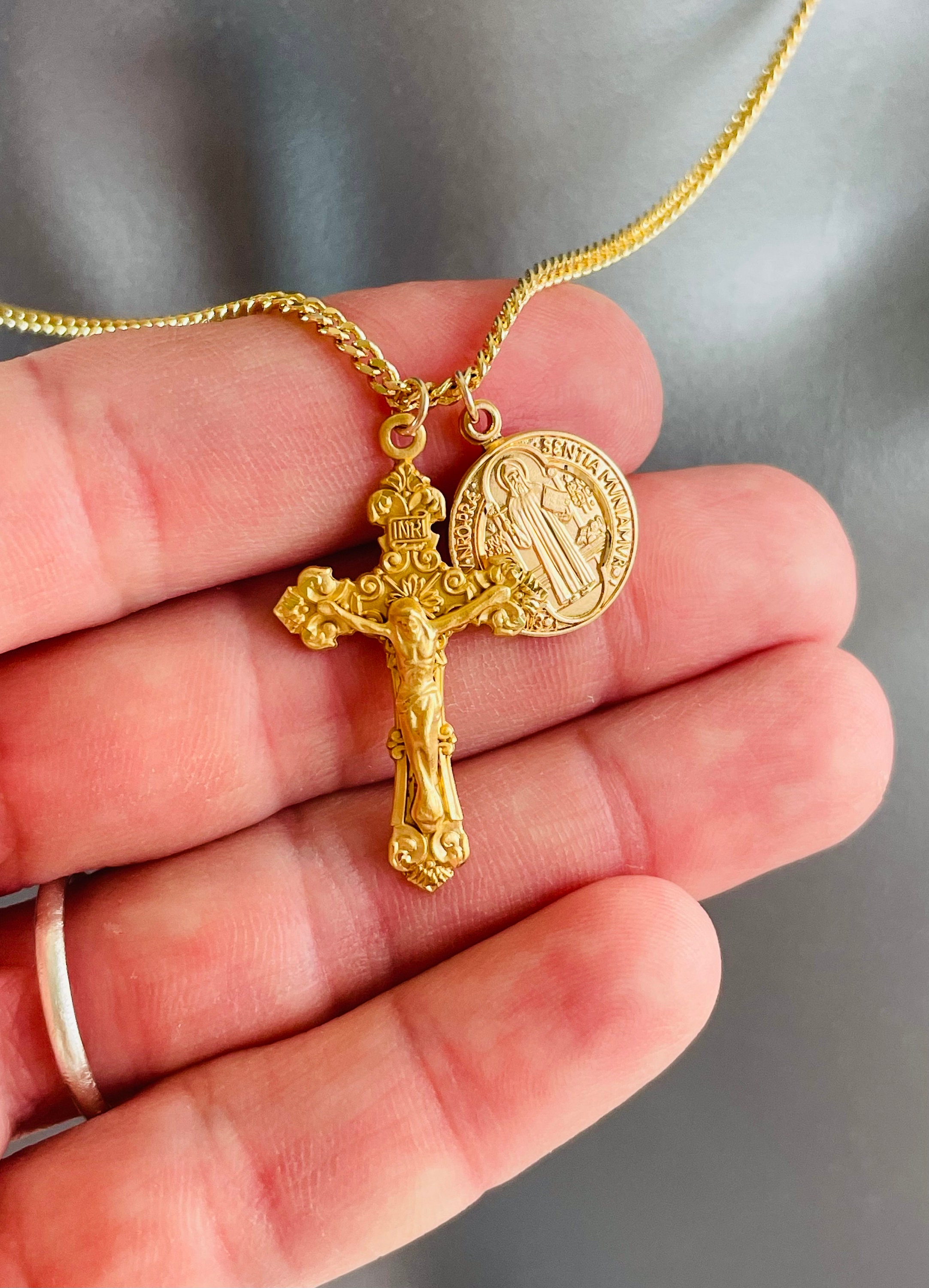 Men’s Gold Crucifix Cross Necklace Saint Benedict Pendant Necklace ...