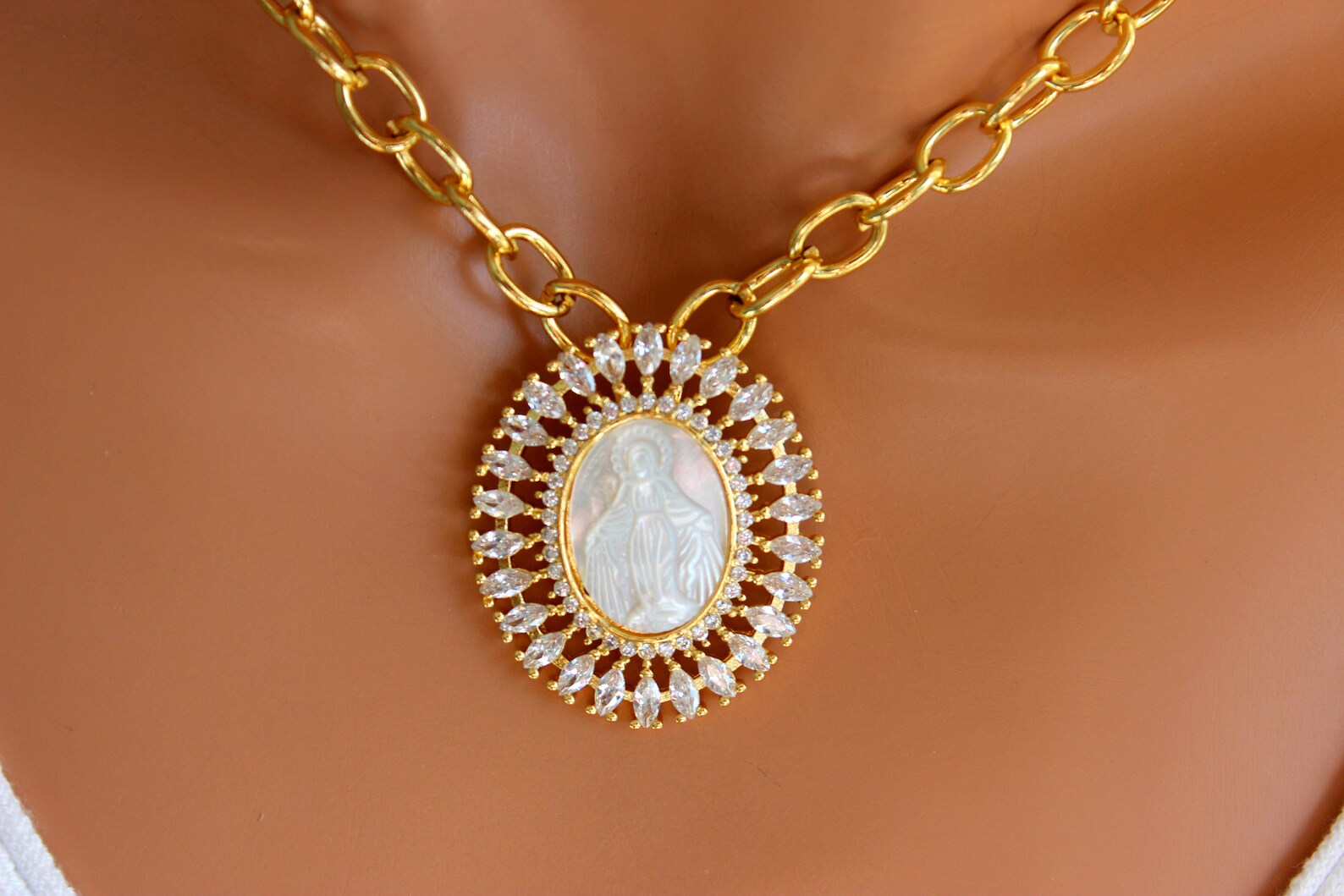 Large Gold Miraculous Cameo Choker Necklace Chunky Thick Chain - Etsy
