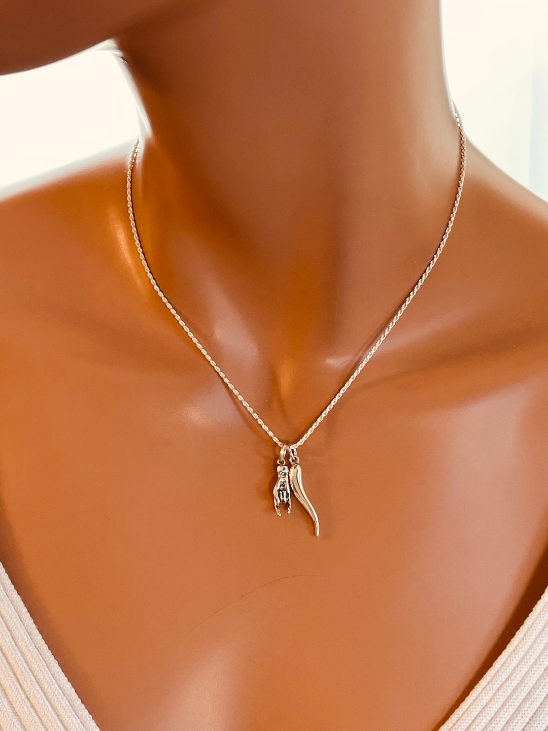 Sterling Silver Mano Cornuto Charm Necklace 925 Silver Cornicello ...