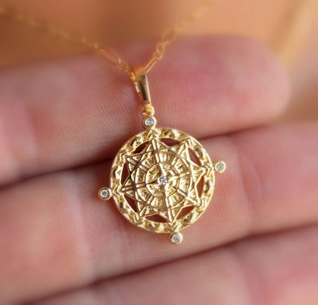 Gold Compass Pendant Necklace, Gold Coin Chain Set, Gold Compass Charm ...