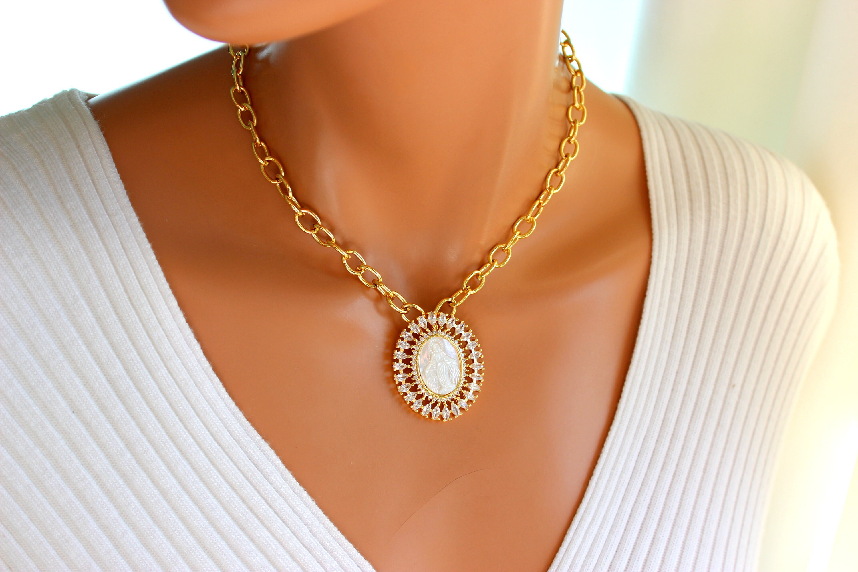 Large Gold Miraculous Cameo Choker Necklace Chunky Thick Chain | Etsy