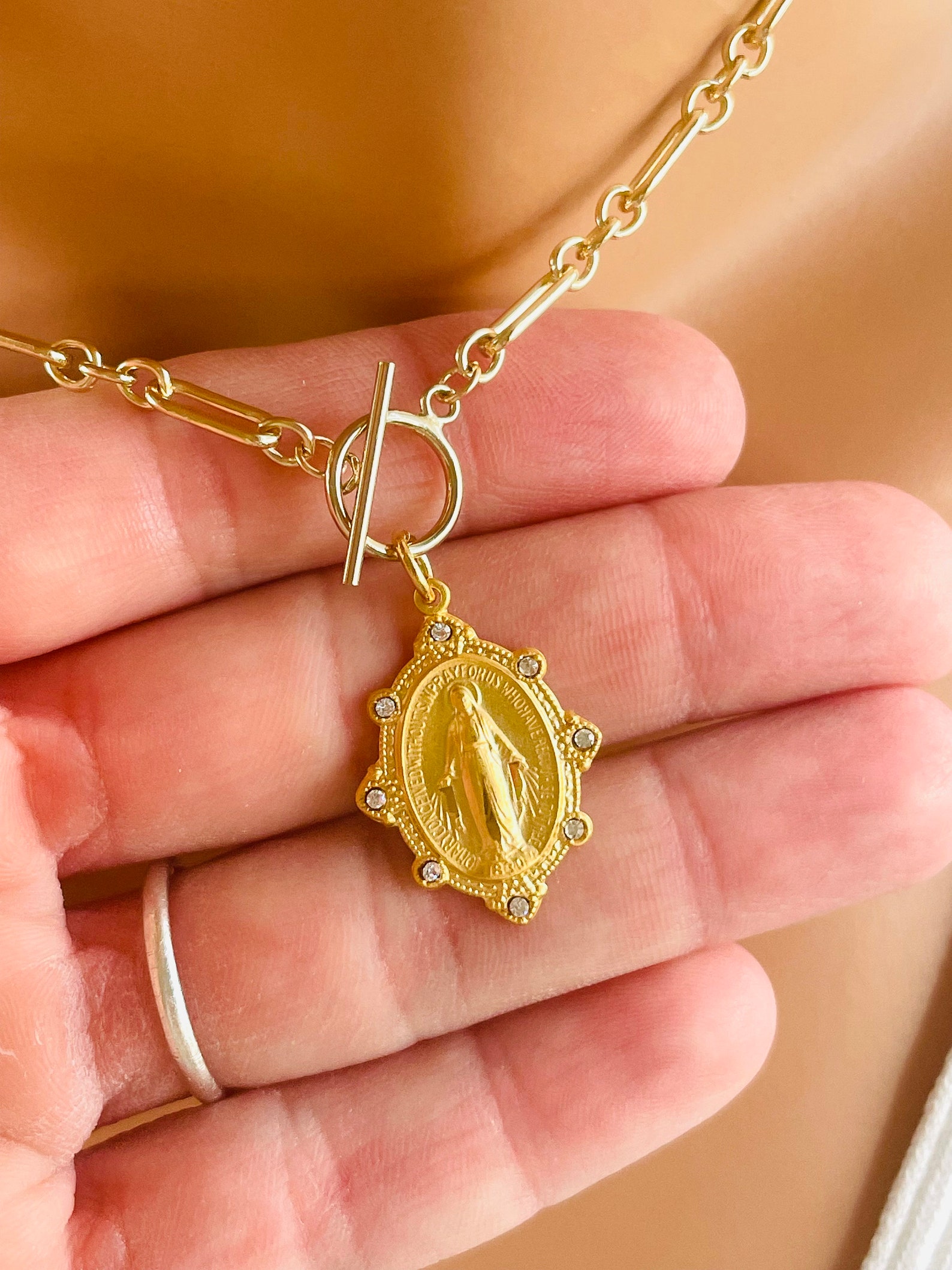 Gold Mary Miraculous Charm Necklace Sterling Silver Choker Necklace ...