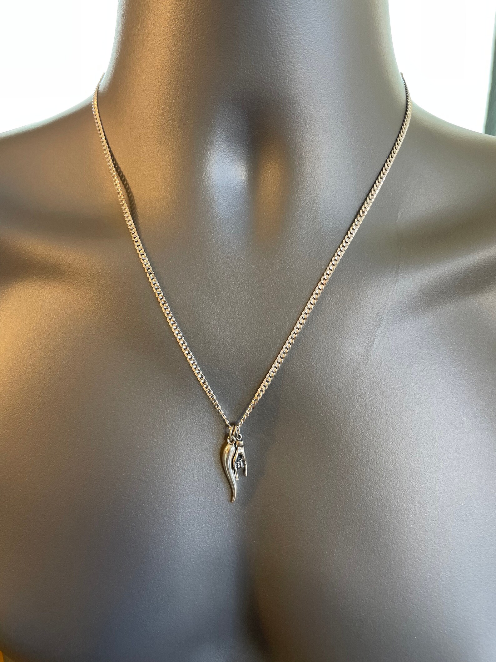 Men’s Sterling Silver Mano Cornuto Charm Necklace Curb Chain 925 Hand ...