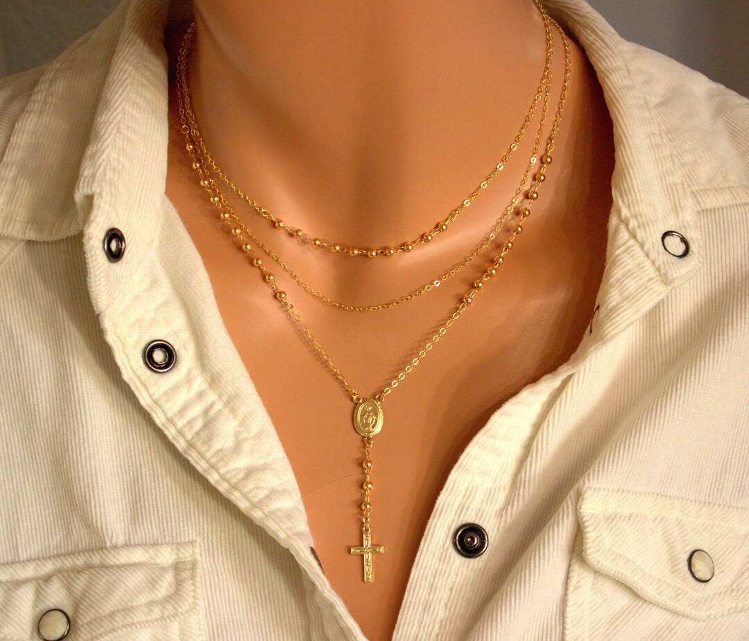 Best Seller Gold Rosary Necklace Women Multi Strand Cross Miraculous