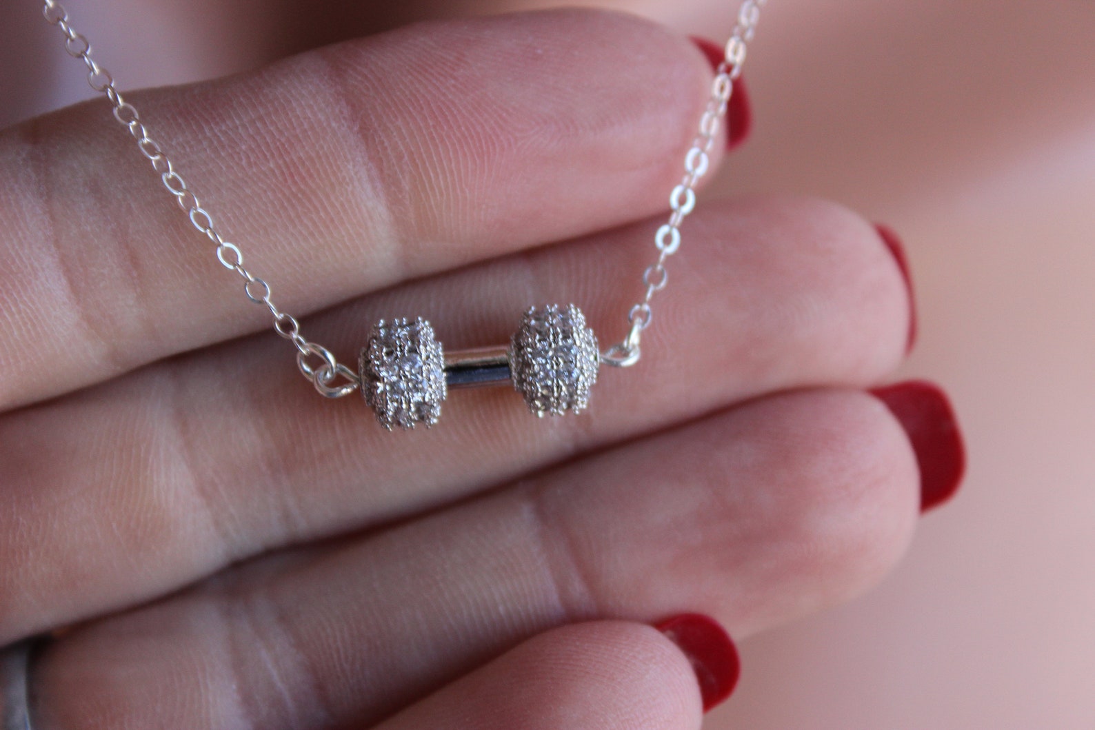 Gold Dumbbell Charm Necklace CZ Barbell Necklace Sterling - Etsy