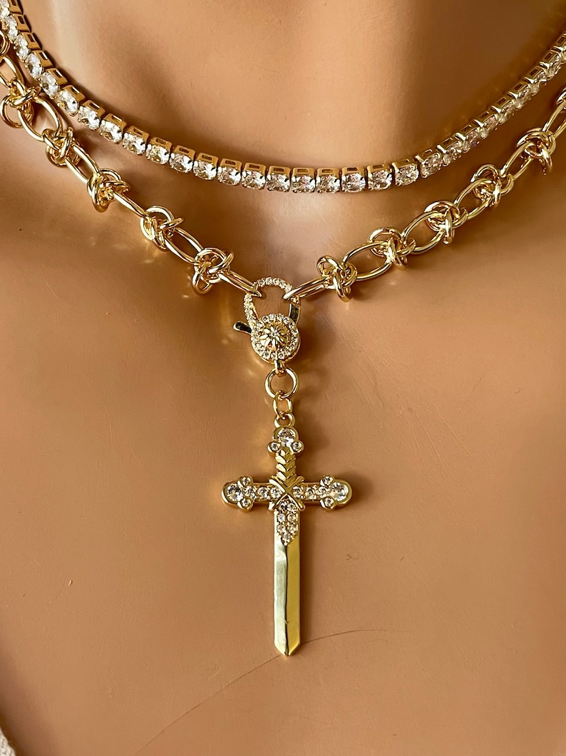 Gold Barbed Wire Necklace Women Cross Pendant Necklaces Sword Choker CZ ...