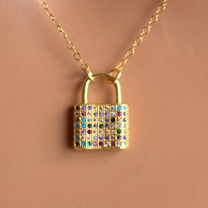 BEST SELLER Colorful Gold Lock Charm Necklace Small Daitny Pave Crystal ...