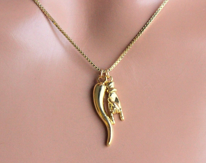 10KT Yellow Gold 25MM Italian Mano Cornuto + Horn Corno Pendant Charms ...