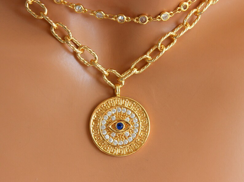 Gold Evil Eye Necklace Paper Clip Chain Chunky Gold Filled Choker ...