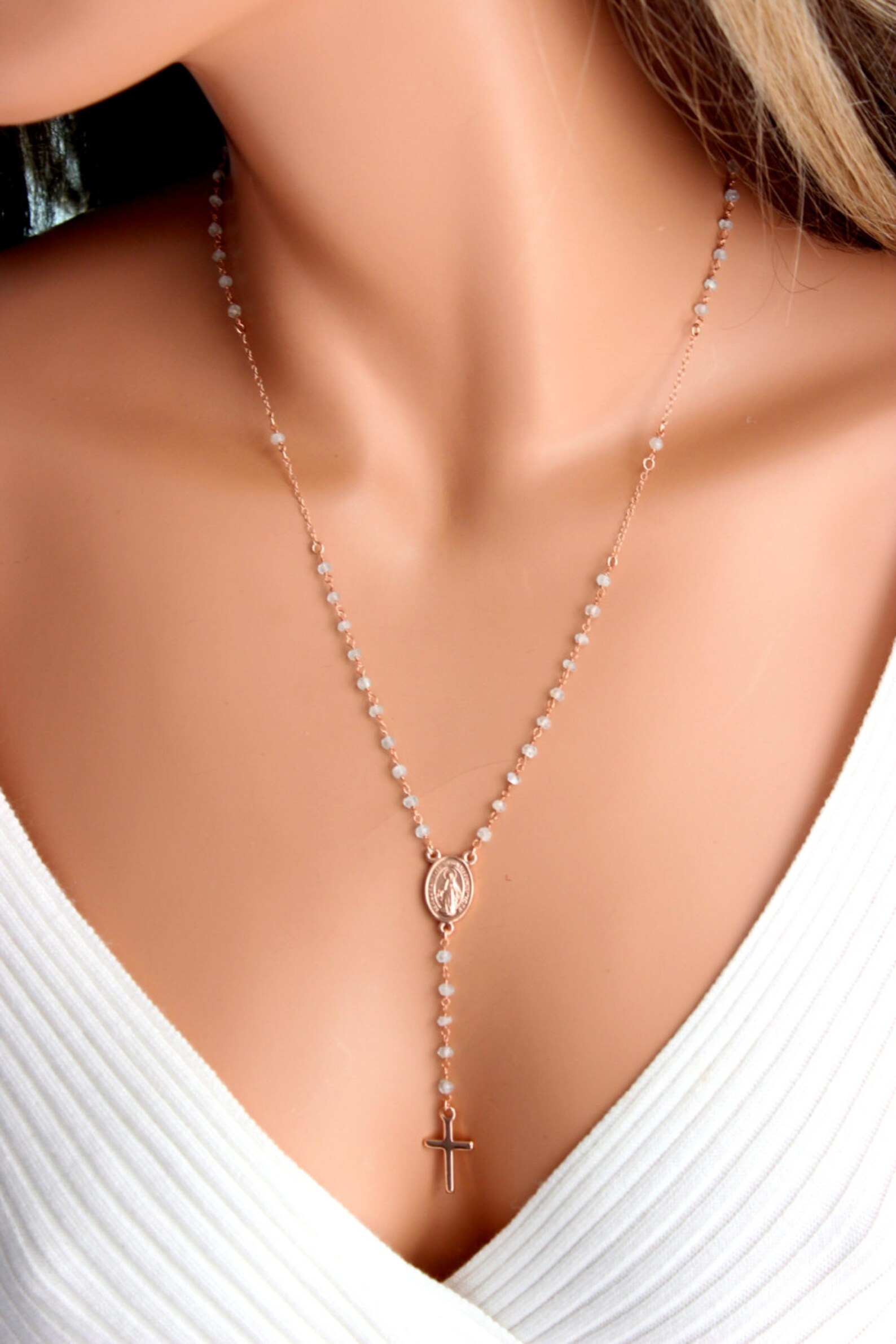 Rose Gold Rosary Necklace Rainbow Moonstones Womens Custom Etsy