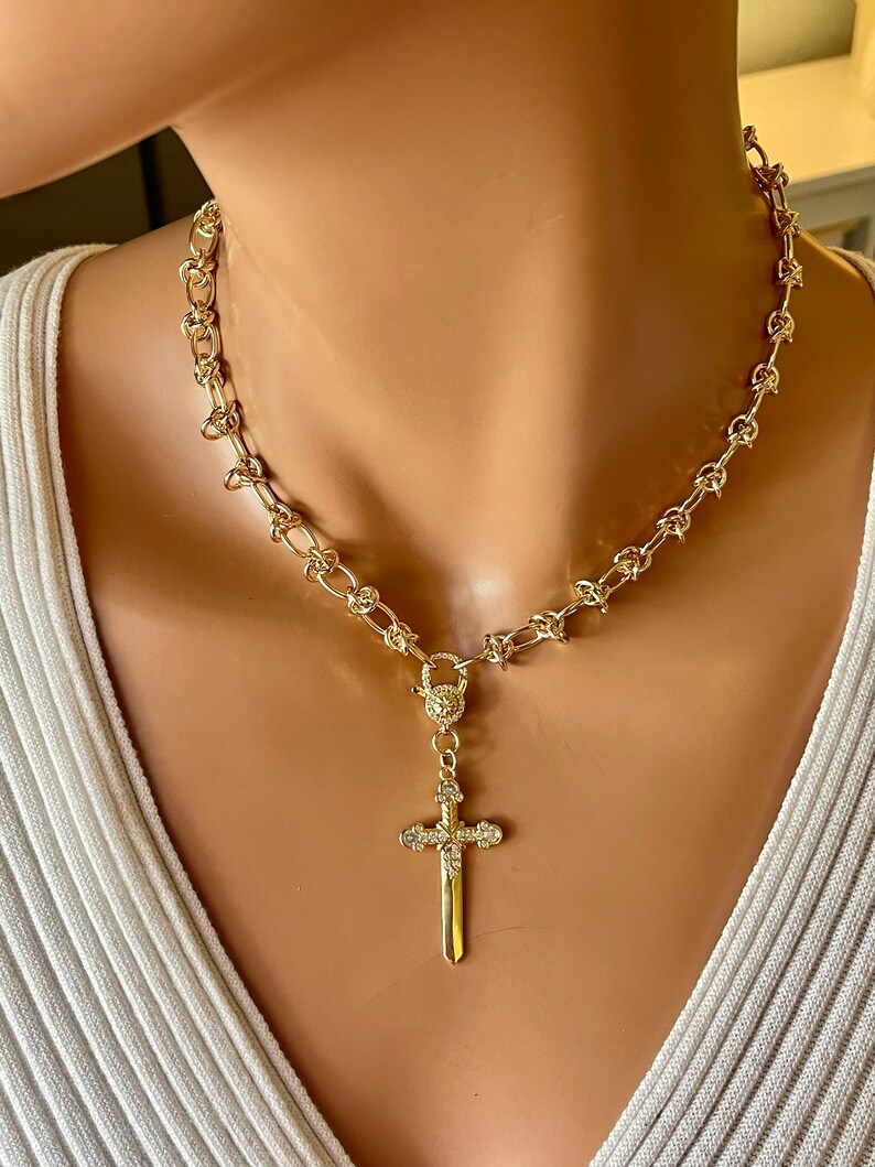 Gold Barbed Wire Necklace Set, Sword Cross Pendant, CZ Choker - Etsy