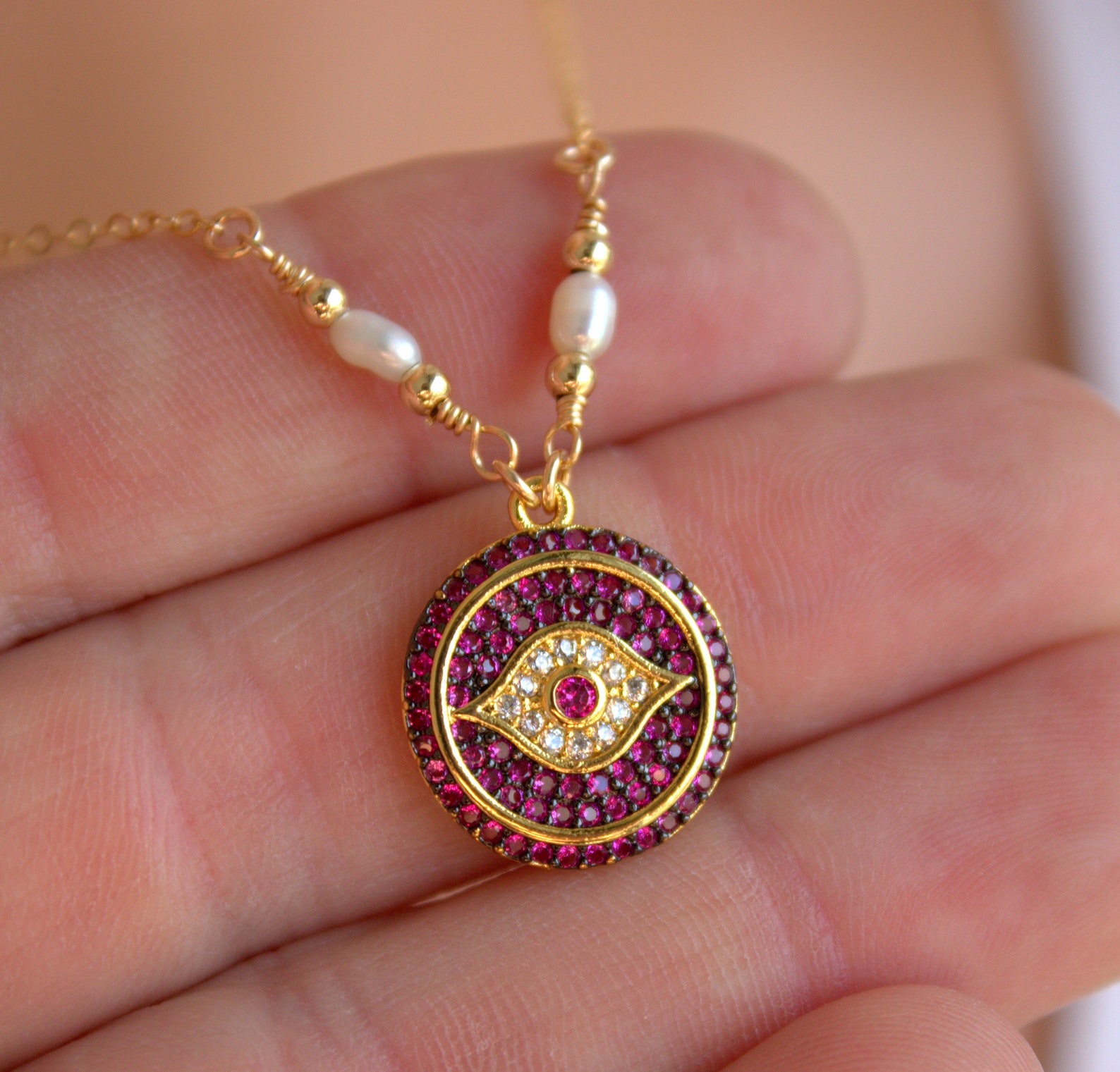 Gold Evil Eye Pendant Necklace Ruby Red Crystals Gold Filled Eye Charm ...