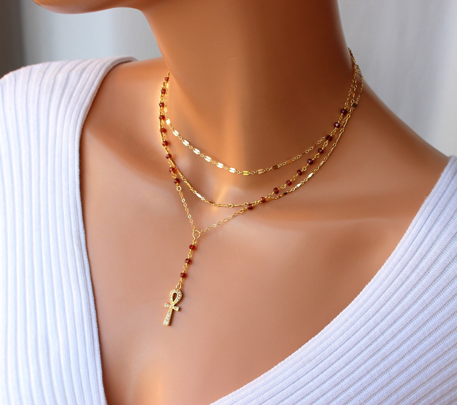 Gold Ankh Necklace Women Garnet Double Choker Multi Strand - Etsy