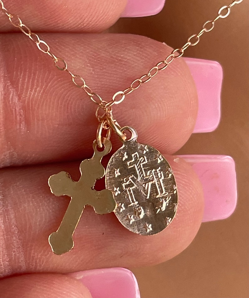 Gold Miraculous Cross Double Charm Necklace Sterling Silver Rose Gold ...