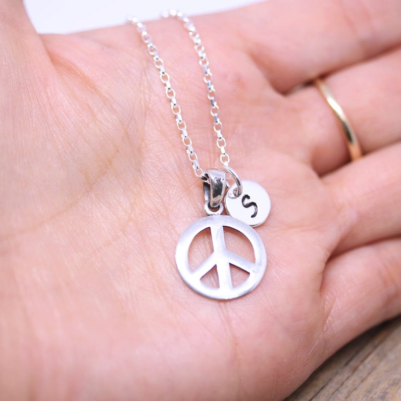 Small Peace Sign Necklace. Sterling Silver Peace With Initial - Etsy