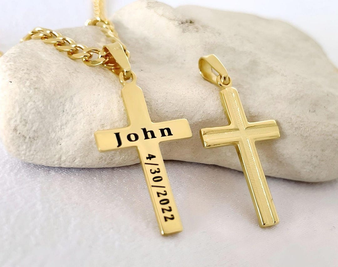 Engraved Gold Cross Necklace. Thick Chain Men, Thin Women and Kids ...