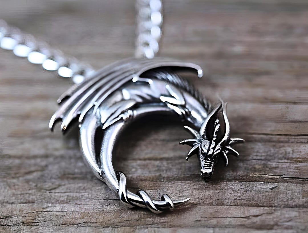 925 Sterling Silver Dragon Necklace, Winged Dragon on Moon Pendant ...