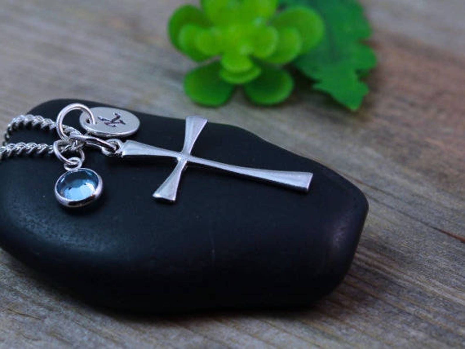 Sterling Small Cross Necklace, Personalized Choose Initial & Birthstone ...
