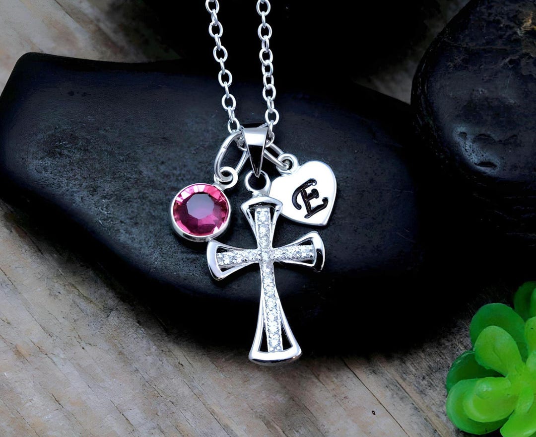 Cross Necklace for Girls Personalized Initial Birthstone Sterling ...