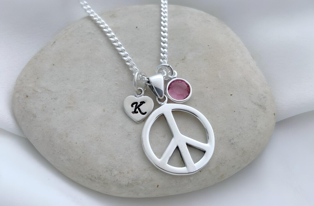 Sterling Silver Peace Sign Necklace. Personalized Initial & Birthstone ...