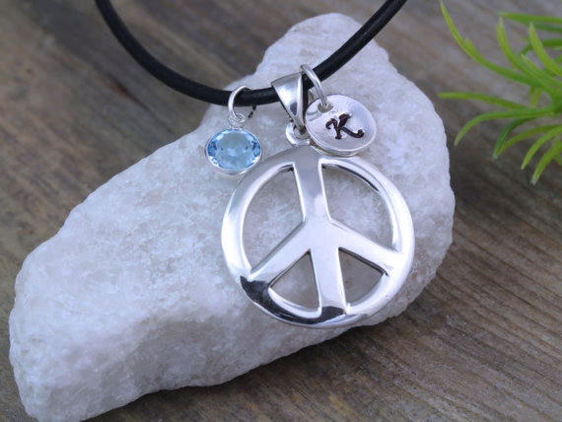 Sterling Silver Peace Sign Necklace. Personalized Initial & - Etsy