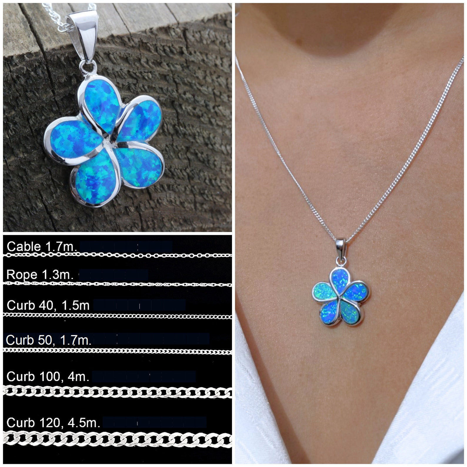 Sterling Silver Opal Flower Necklace Blue Opal Necklace - Etsy
