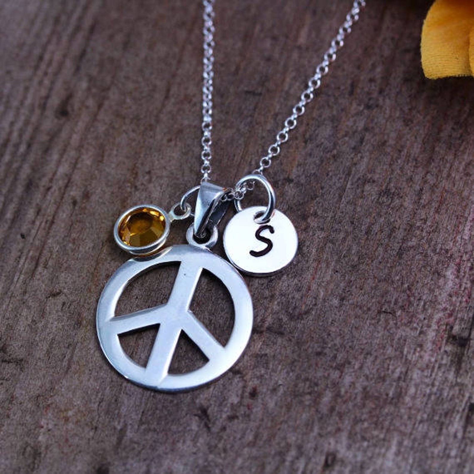 Small Peace Sign Necklace. Sterling Silver Peace With Initial - Etsy