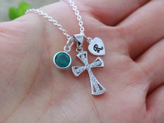 Cross Necklace For Girls. Personalized Initial Birthstone | Etsy