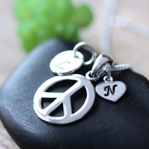 Small Peace Sign Necklace. Sterling Silver Peace With Initial OR ...