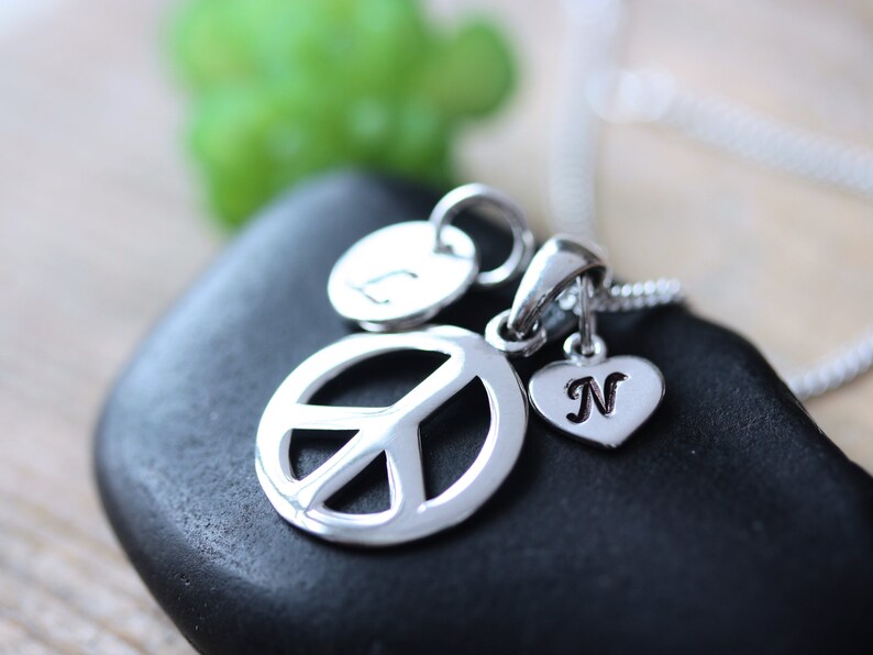 Small Peace Sign Necklace. Sterling Silver Peace With Initial - Etsy