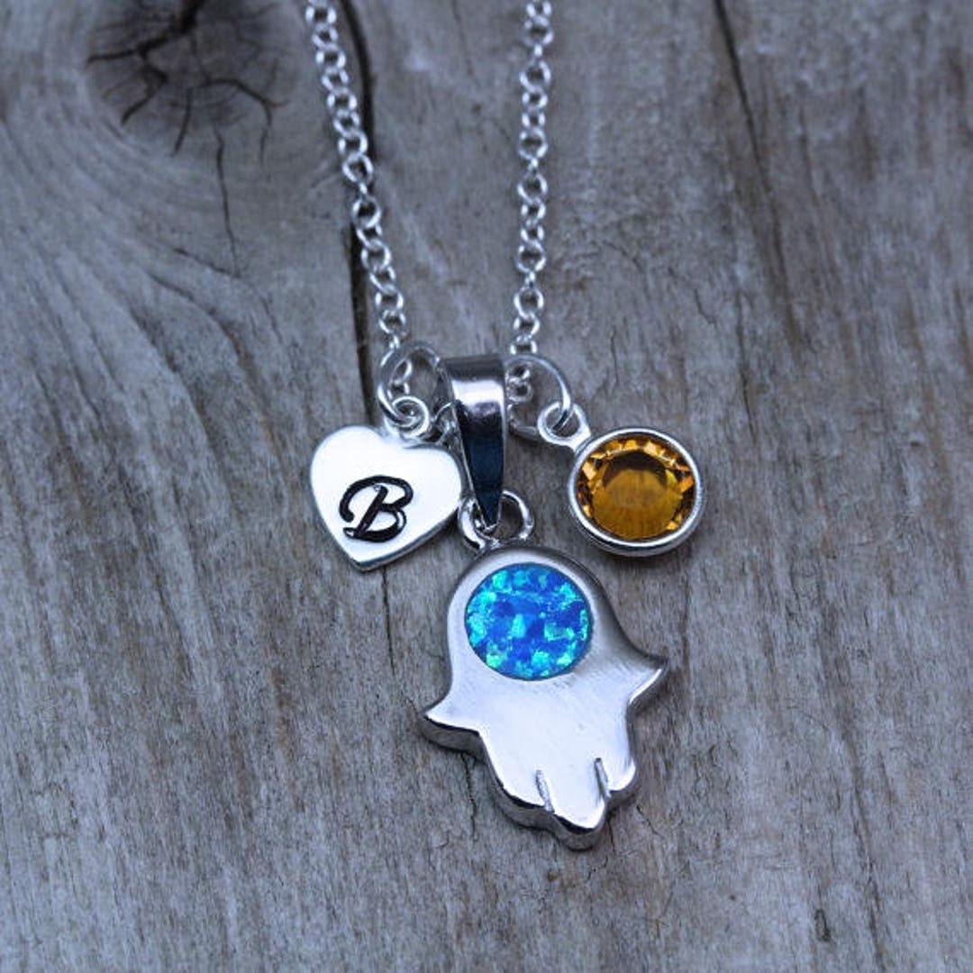 Personalized Sterling Silver Hamsa Necklace, Blue Opal Hamsa Necklace ...