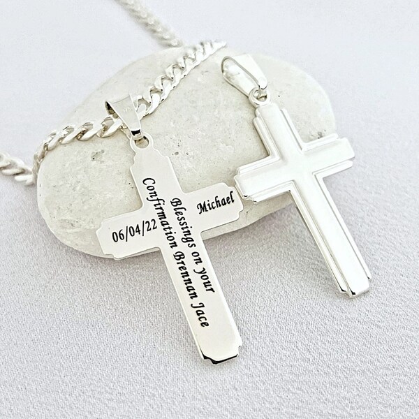 Mens Silver Cross Necklace Engraving - Etsy