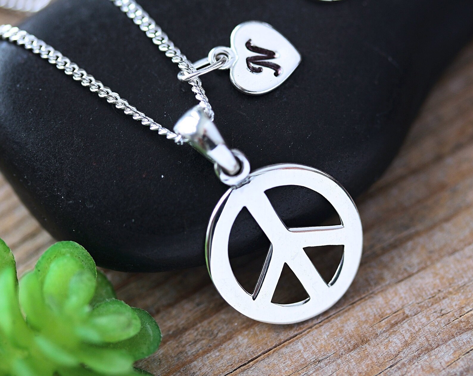Small Peace Sign Necklace. Sterling Silver Peace With Initial - Etsy
