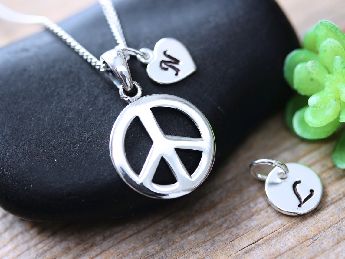 Small Peace Sign Necklace. Sterling Silver Peace With Initial - Etsy