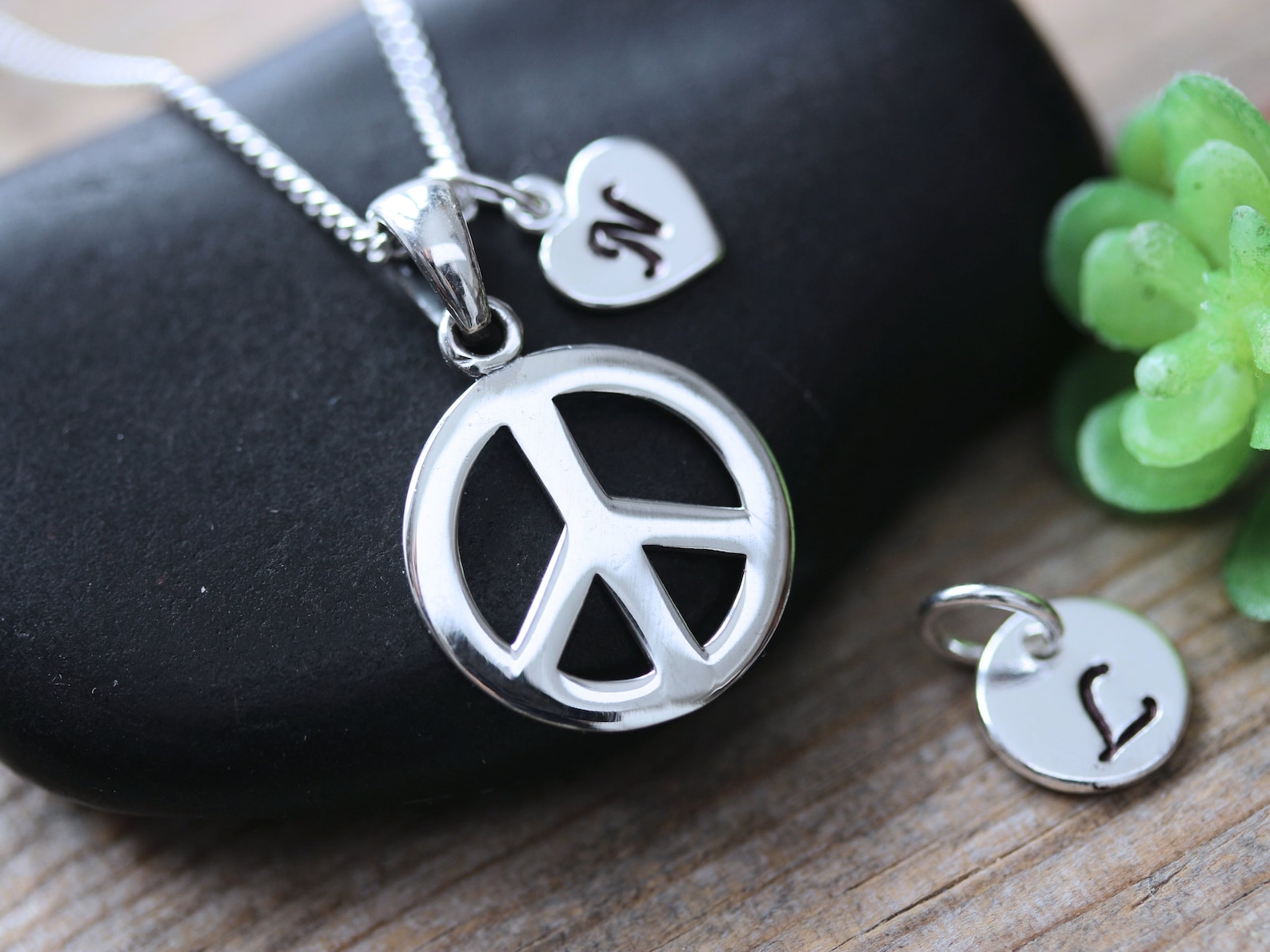 Small Peace Sign Necklace. Sterling Silver Peace With Initial - Etsy